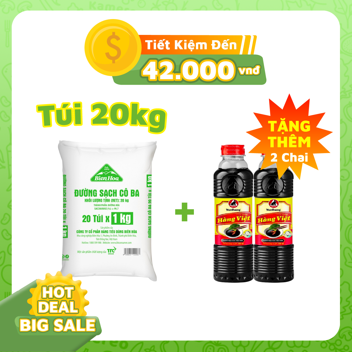Combo 1 Gói Đường Sạch Cô Ba Biên Hòa 1kg x20 gói + 2 Chai Nước Tương Hàng Việt Nam Dương 500ml ...