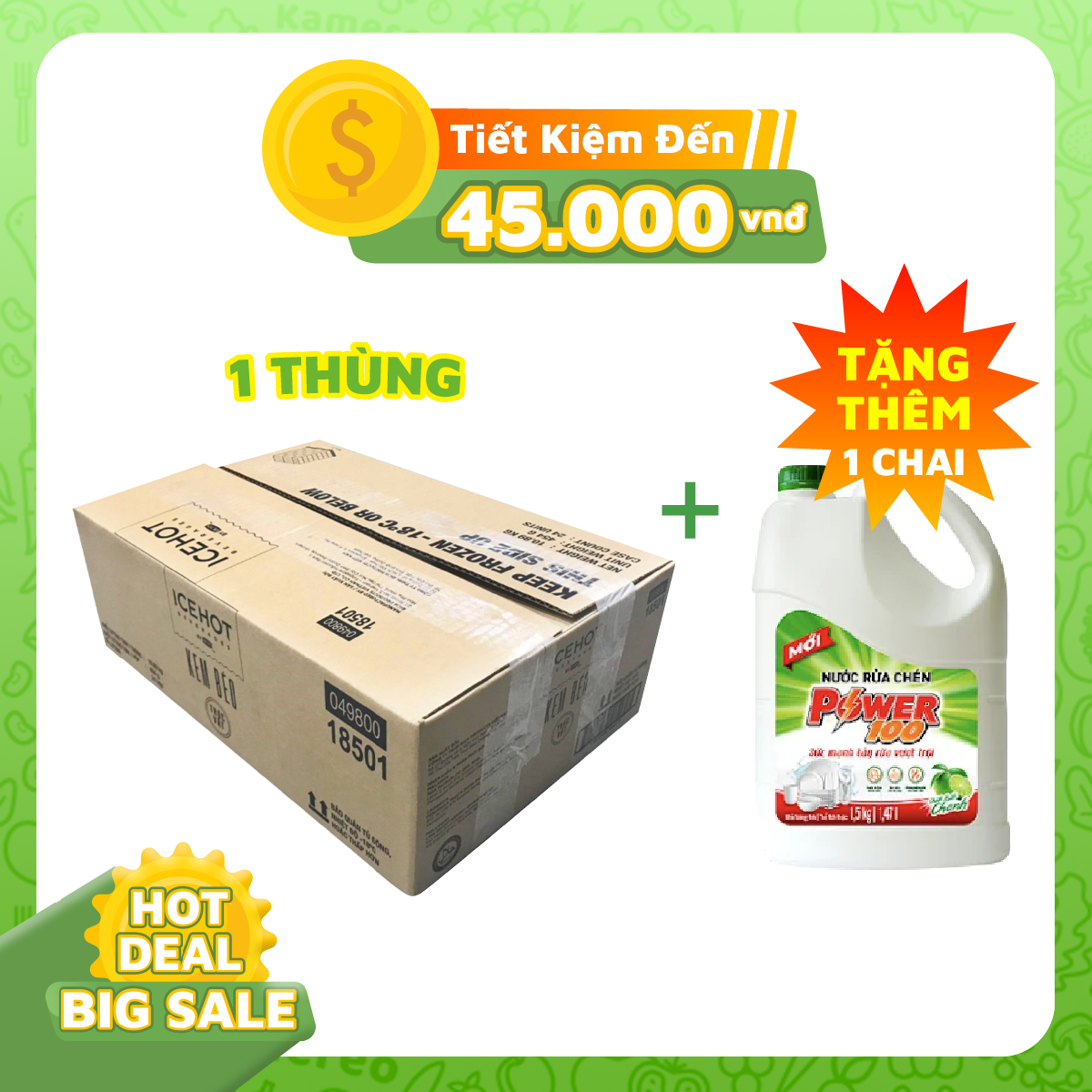 Combo 1 Thùng Kem Béo Thực Vật ICEHOT 454g x 24 Hộp + 1 Nước Rửa Chén POWER100 - Hương Chanh 1 ...