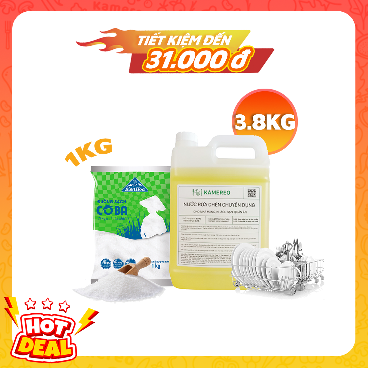 Combo 1 Nước Rửa Chén Chuyên Dụng Kamereo Hương Chanh 3.8kg + 1 Bao Đường Sạch Cô Ba Biên Hòa ...